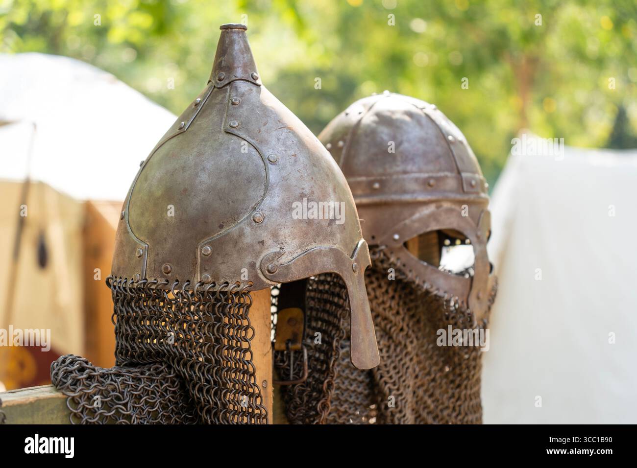 Medieval various Norman style helmets with chainmail Stock Photo - Alamy