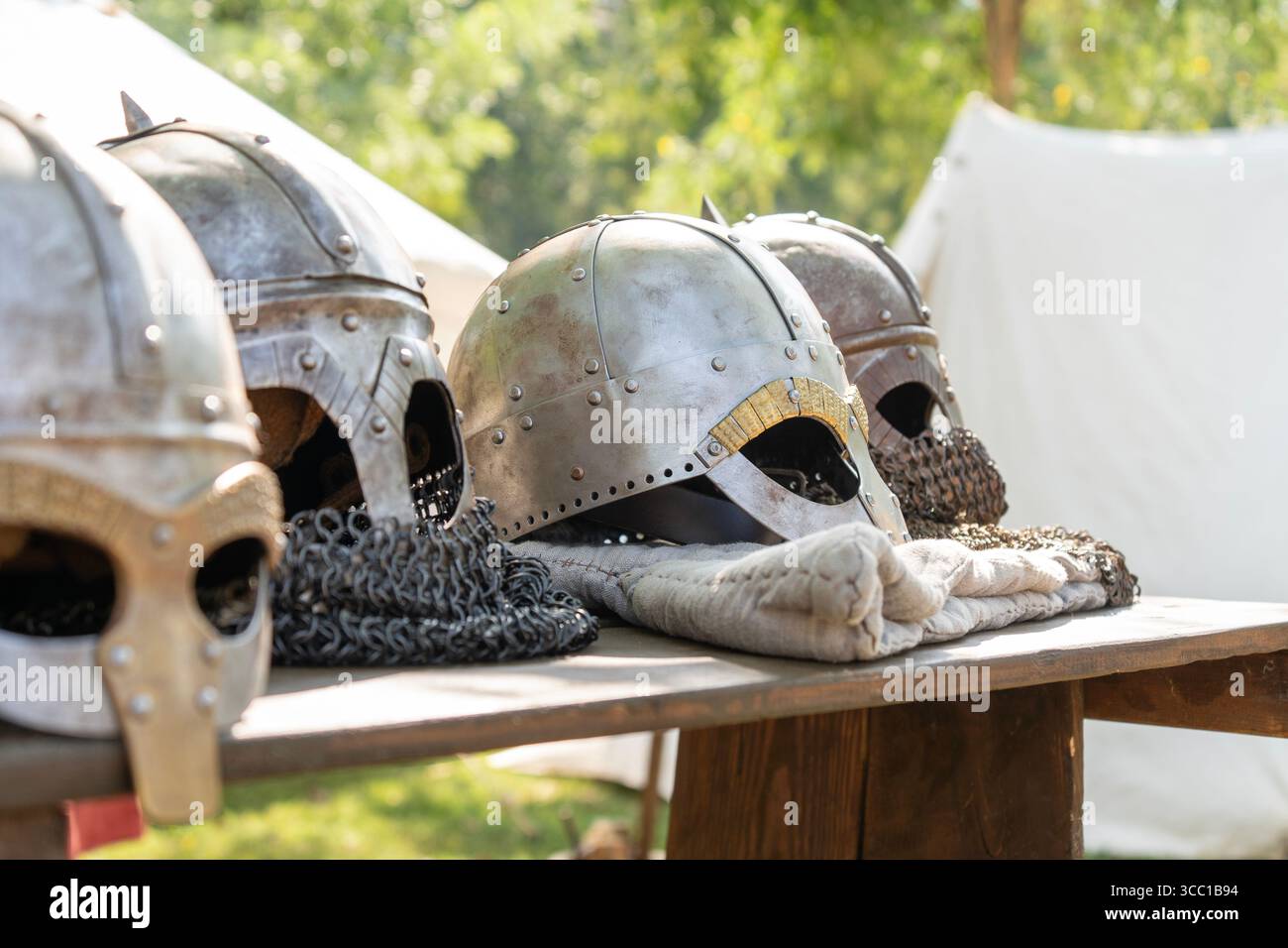 Medieval various Norman style helmets with chainmail Stock Photo - Alamy
