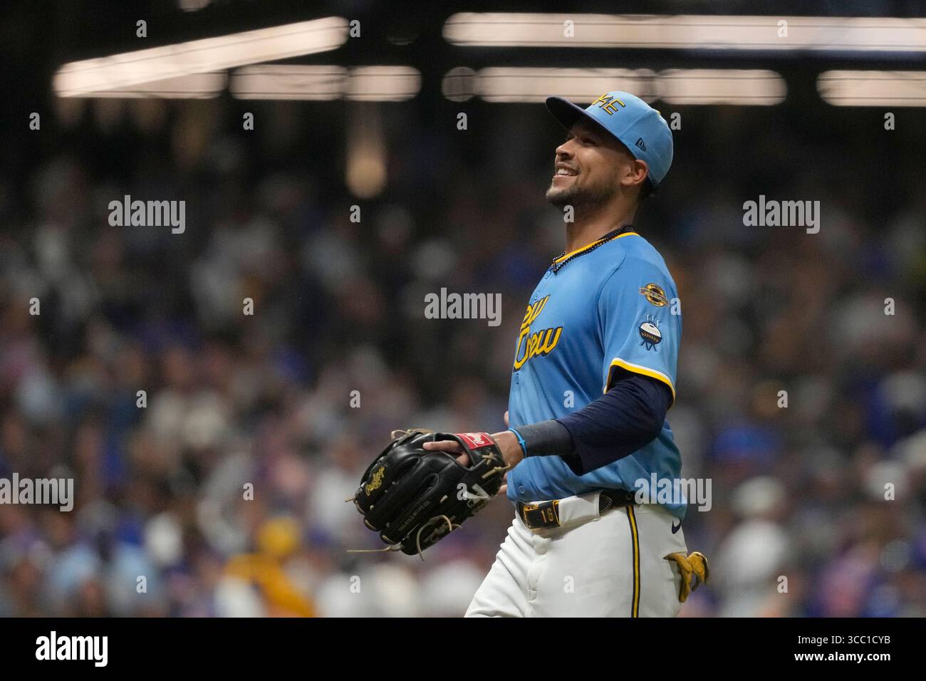 Milwaukee Brewers' Blake Perkins smiles after a baseball game against ...