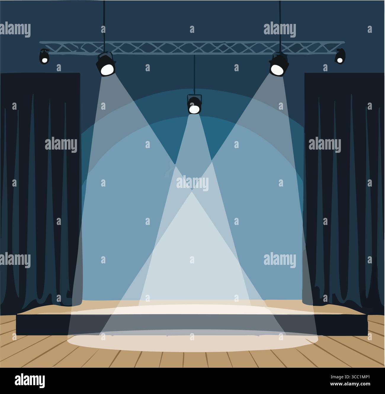 Spotlit Theater Stage Ready for Show. A dramatic illuminated platform with deep blue drapes ...