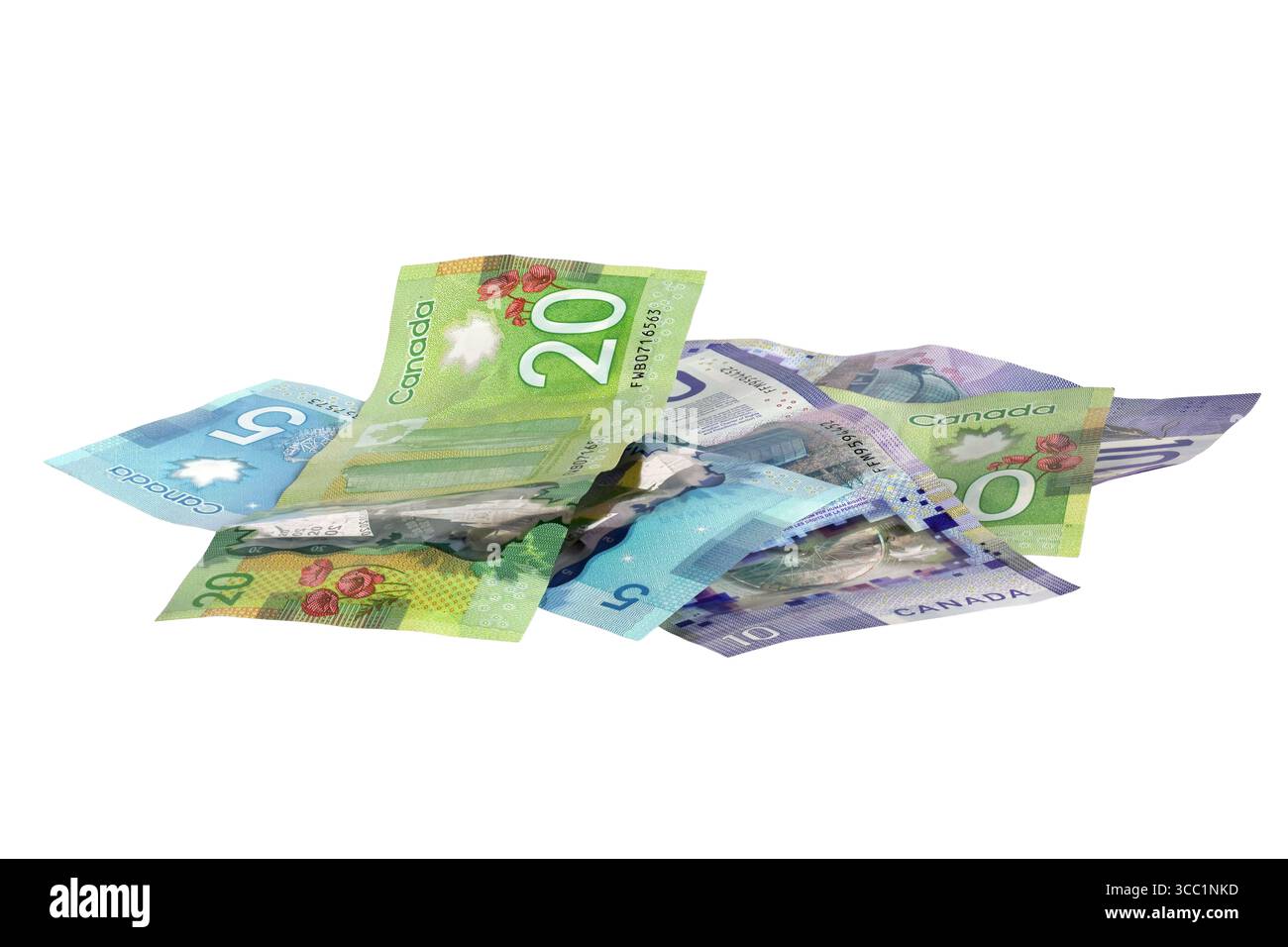 Messy pile of Canadian dollar bills in mixed denominations isolated ...