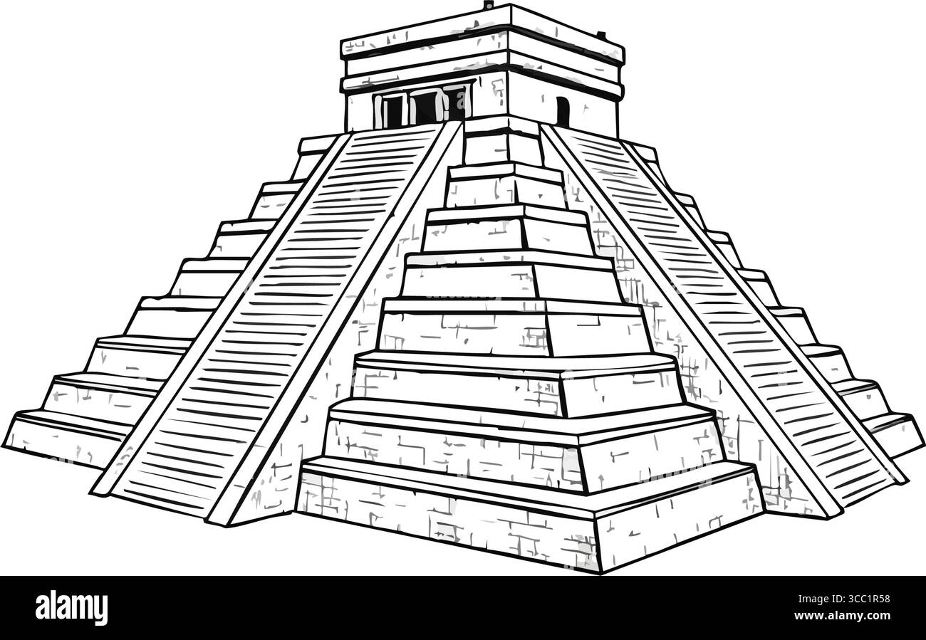 Ancient Mayan Temple Art. Stylized monochrome drawing of a stepped ...