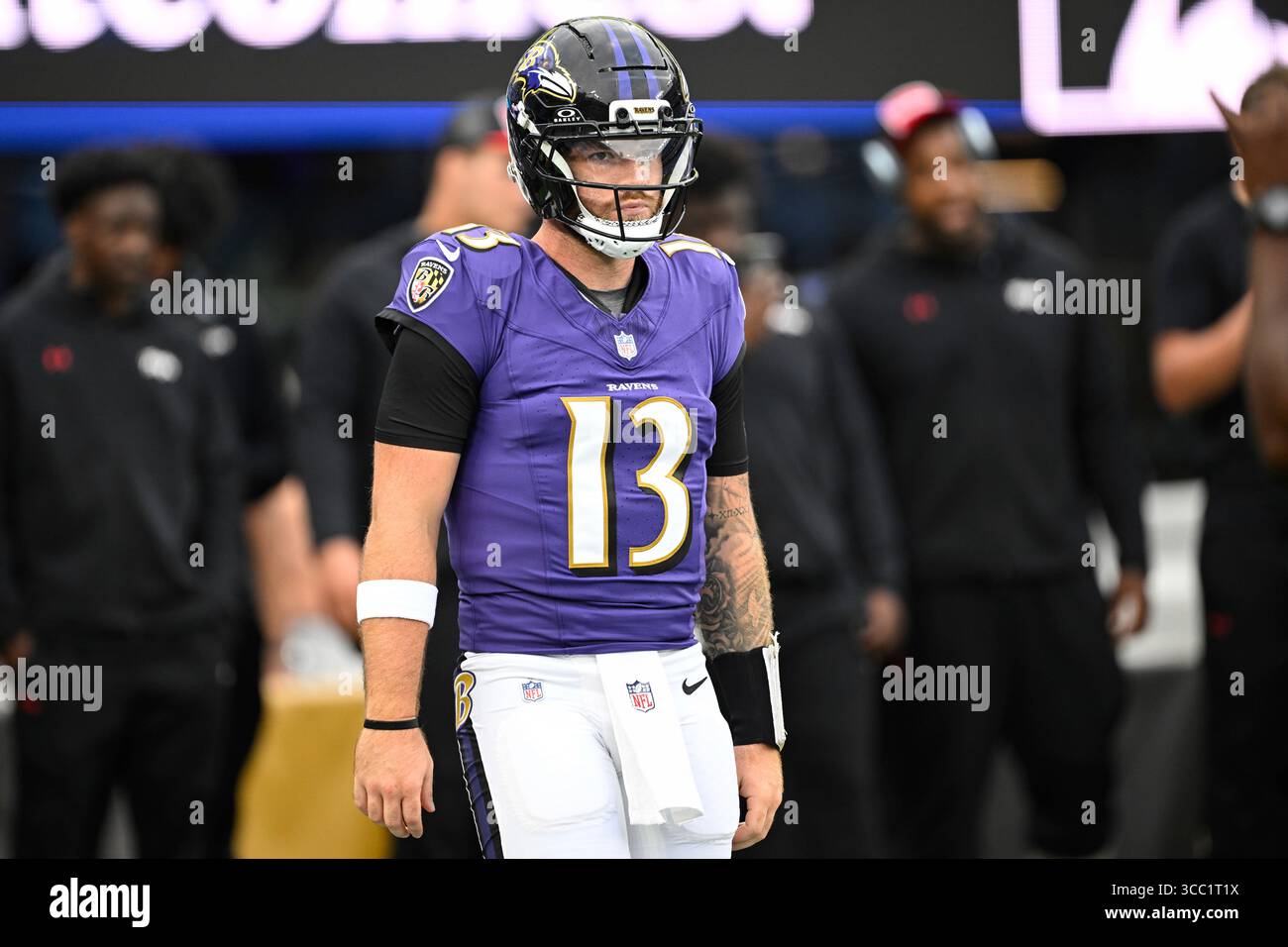 Baltimore Ravens quarterback Devin Leary (13) looks on during pre-game ...