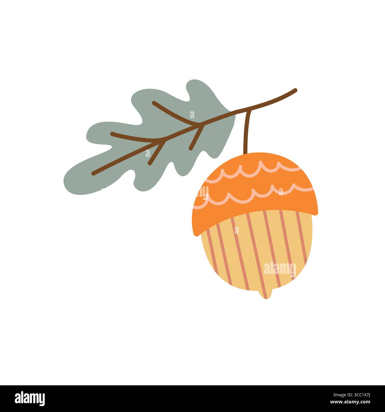 Hand Drawn Acorn with Oak Leaf in Warm Autumn Colors for Seasonal Decor ...