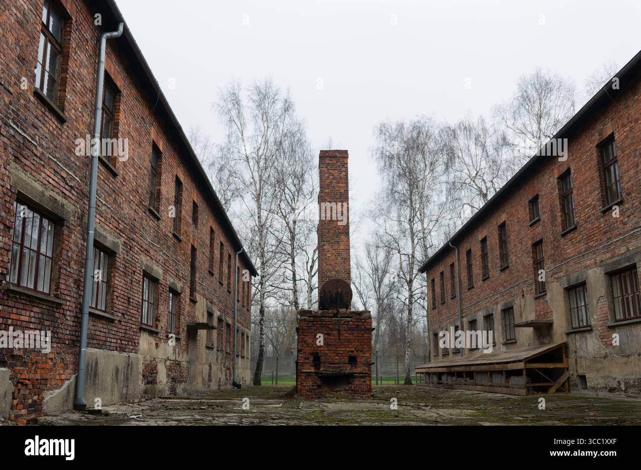Chimneys between blocks of the Auschwitz nazi concentration camp Stock ...
