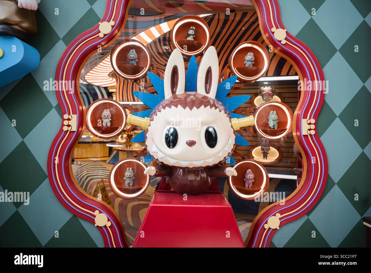 A Labubu character display features a bunny-inspired figure surrounded ...