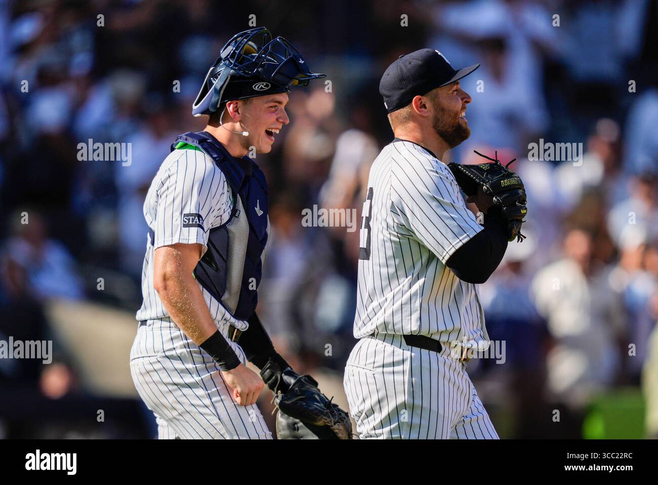 New York Yankees catcher Ben Rice and pitcher David Bednar celebrate ...