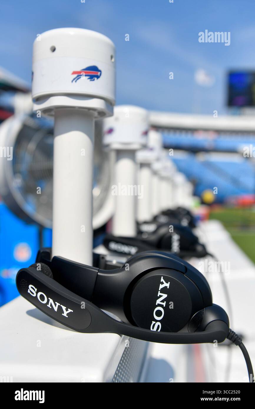 Sony headsets lie on the bench before an NFL preseason football game ...