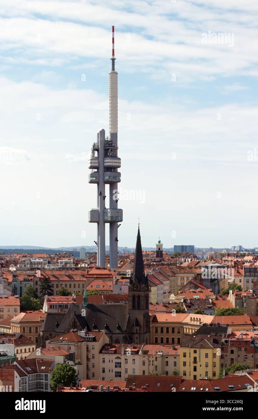 Prague, Czech Republic, July 4, 2025: Zizkov Television Tower stands ...
