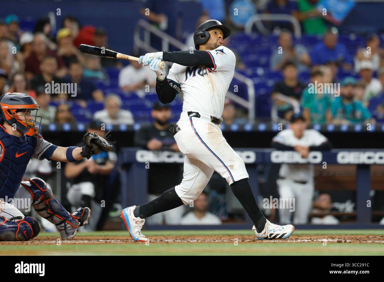 Xavier Edwards #9 of the Miami Marlins hits a double in the second ...