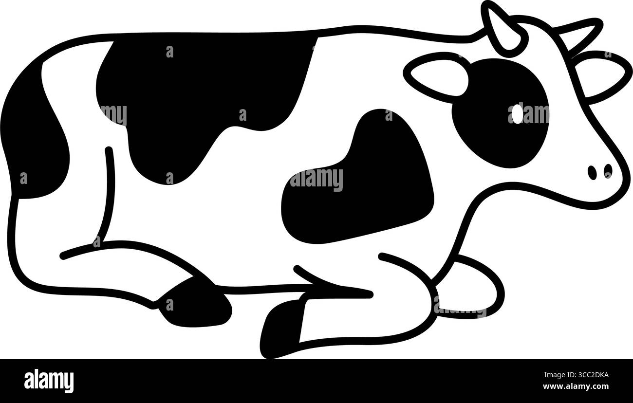 Minimalist black and white vector of a spotted cow lying down, calm ...