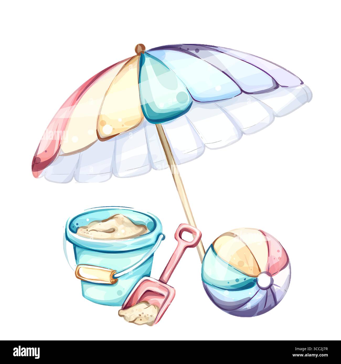 Colorful summer beach accessories including a vibrant umbrella, a sand ...