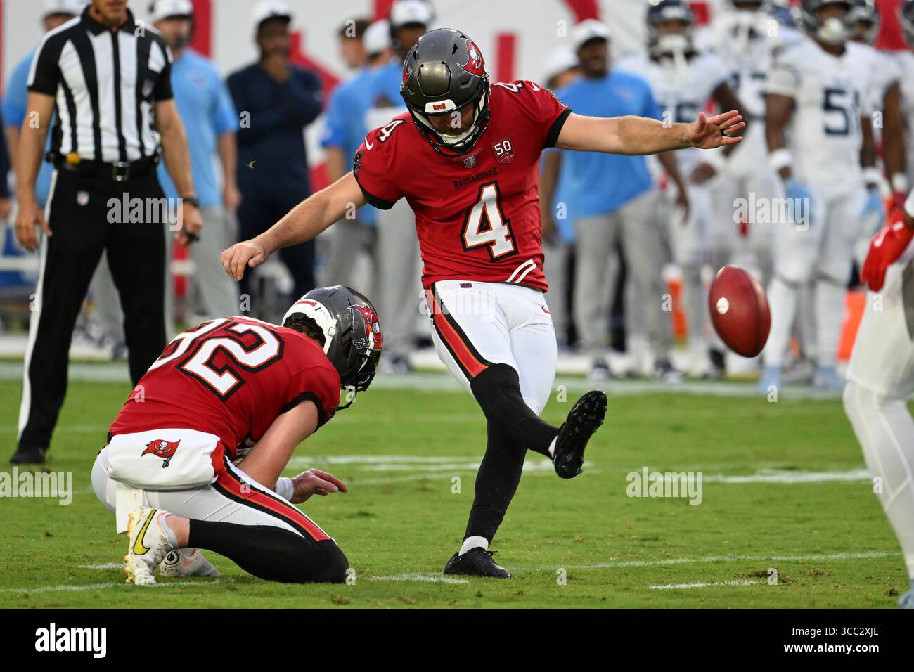 Tampa Bay Buccaneers kicker Chase McLaughlin watches his field goal against the Tennessee Titans ...