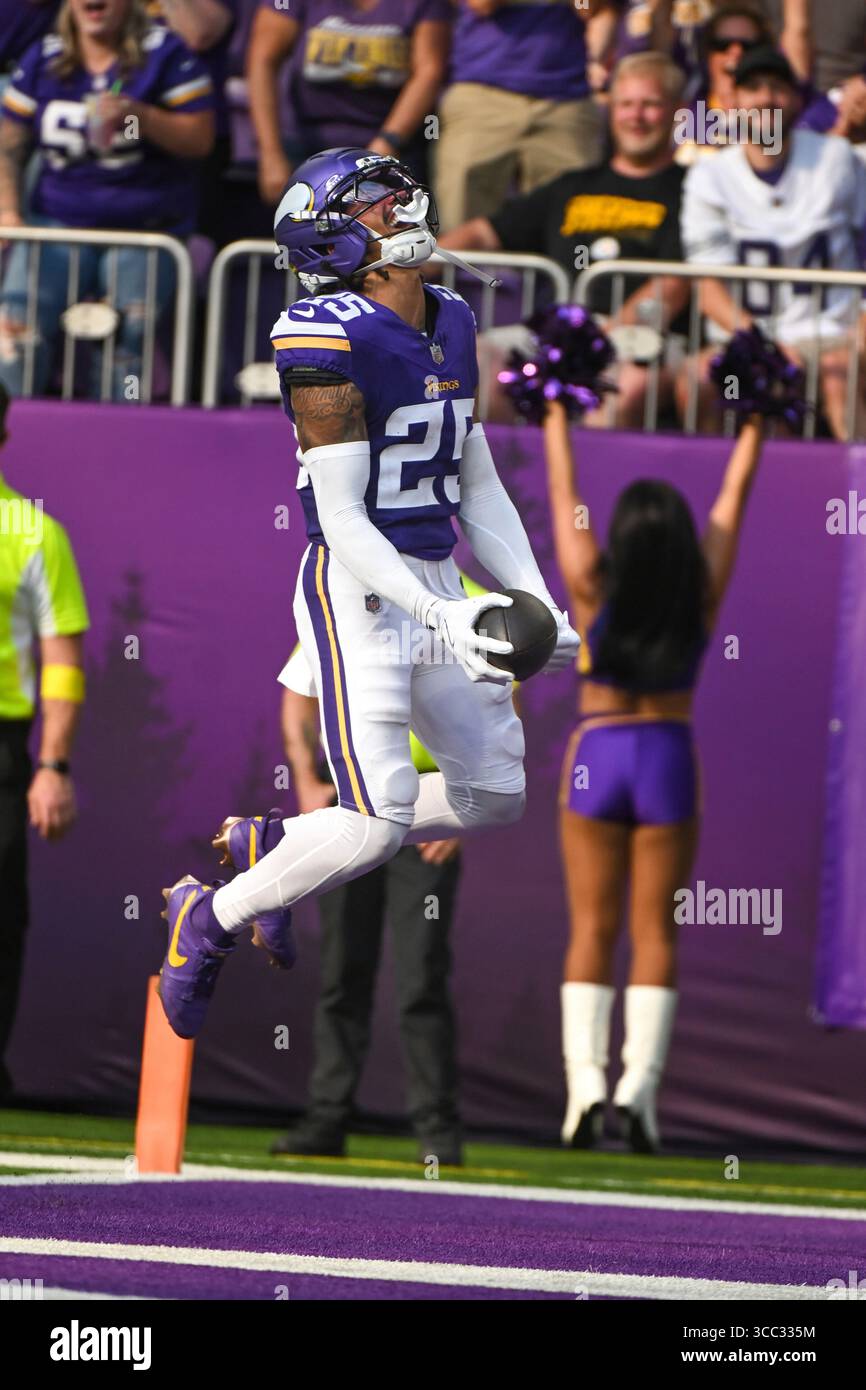 Minnesota Vikings cornerback Kahlef Hailassie (25) celebrates catching ...
