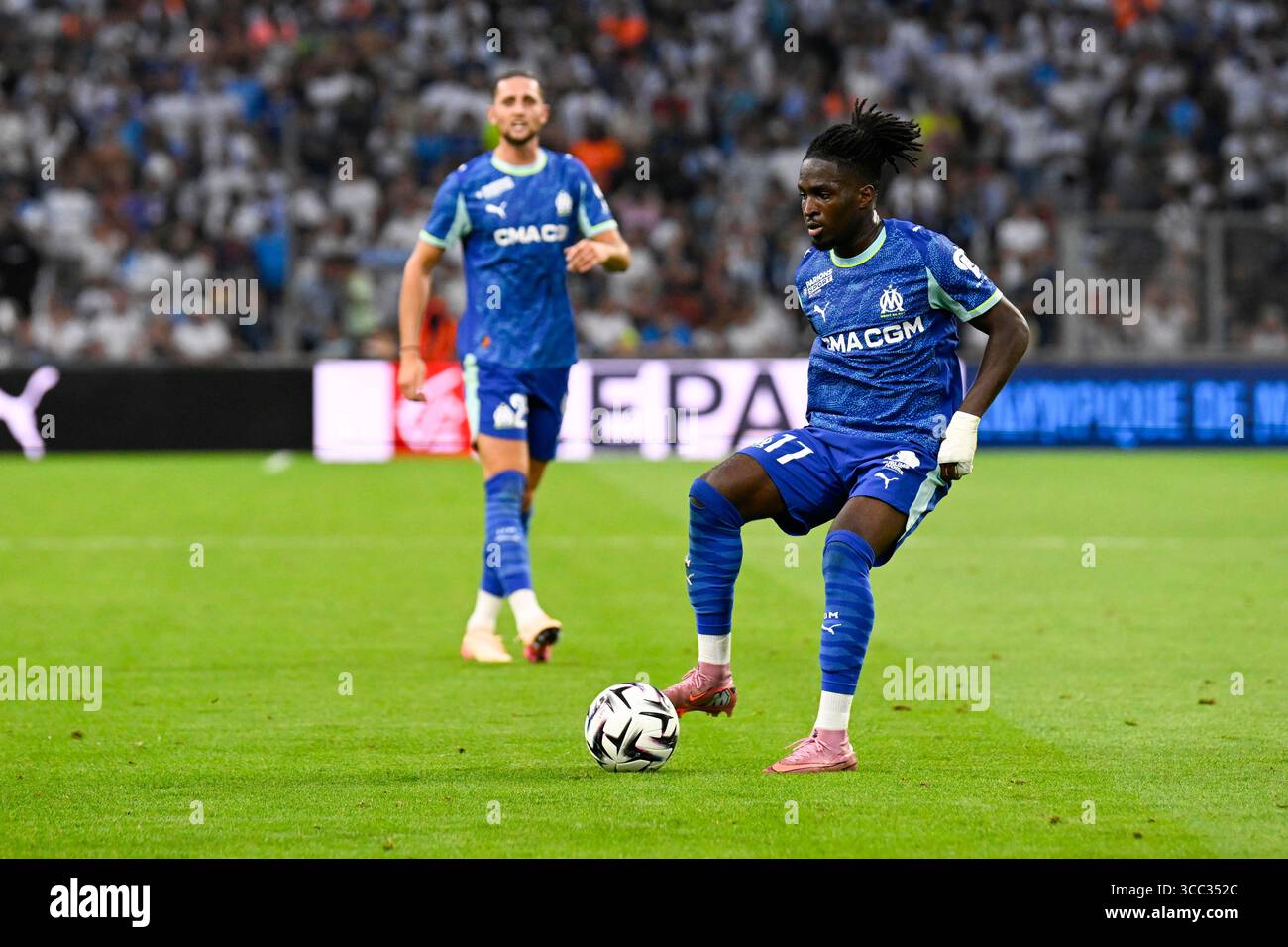 9th August 2025: Marseille, France: Jonathan Rowe (OM) comes forward on ...