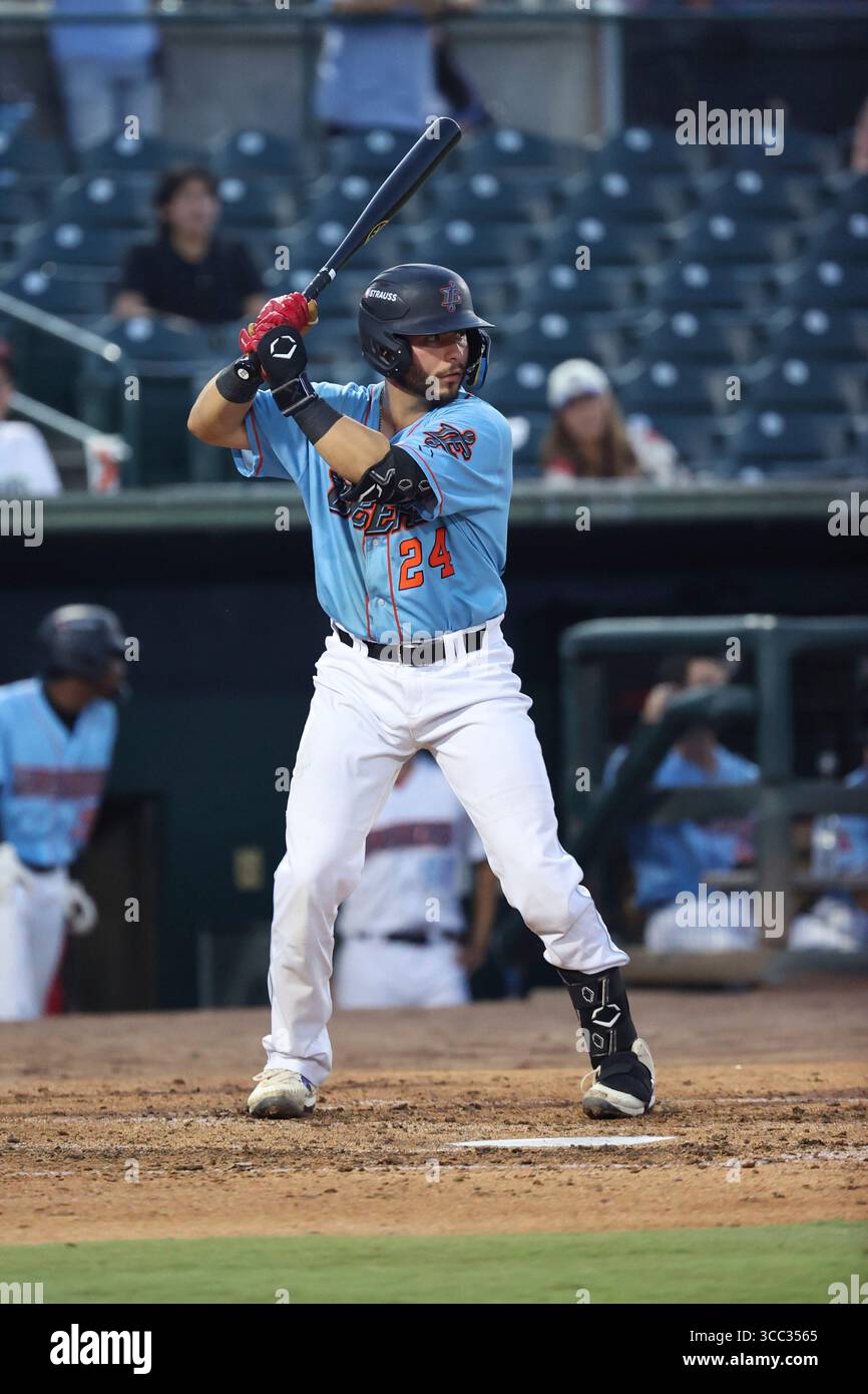 Alberto Rios (24) of the Inland Empire 66ers bats against the Fresno ...