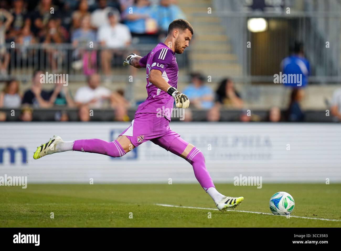 August 09, 2025: Toronto FC Goalie Luka Gavran (90) kicks the ball during the first half of an ...