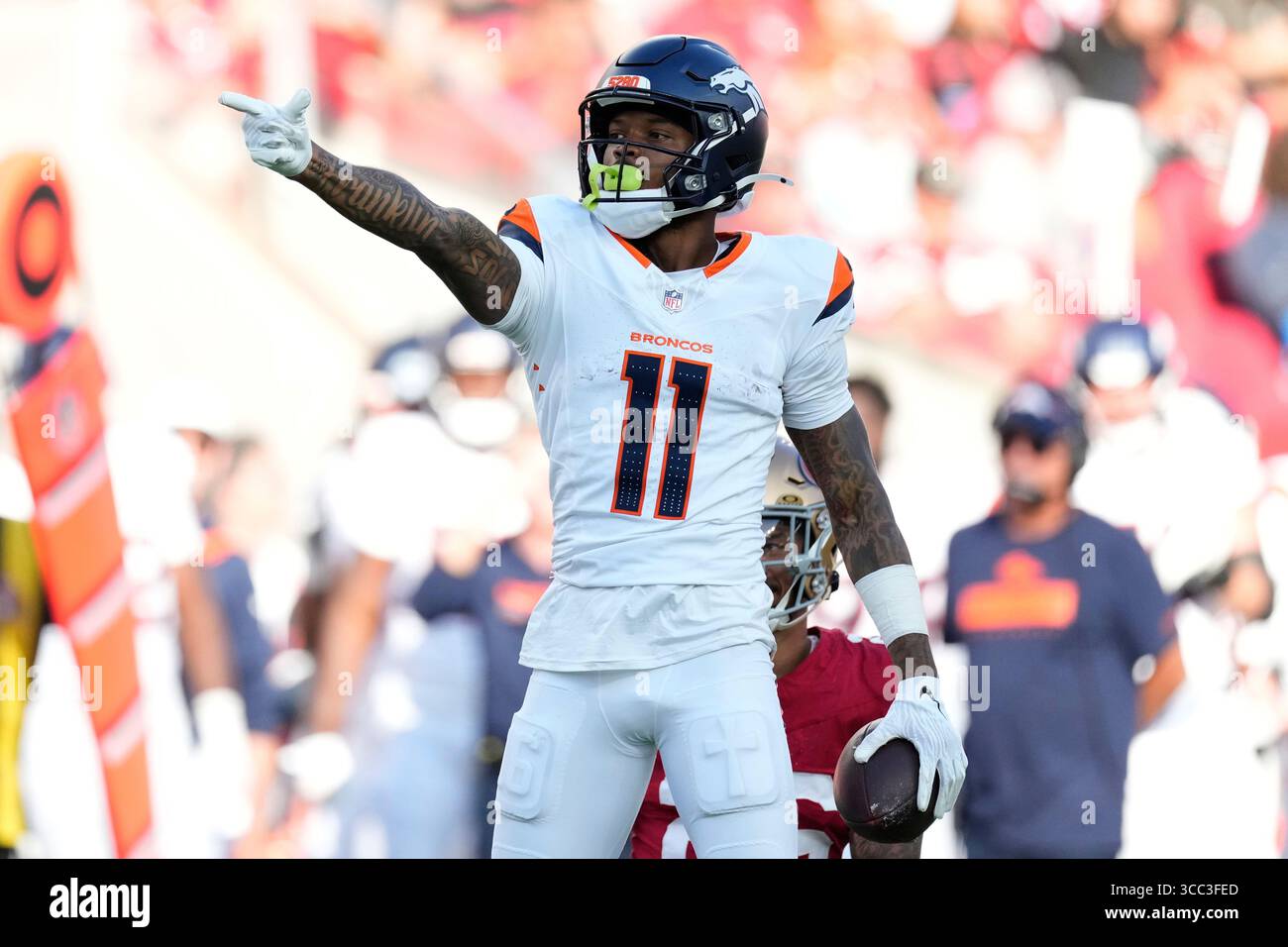 Denver Broncos wide receiver Troy Franklin (11) reacts after a catch ...