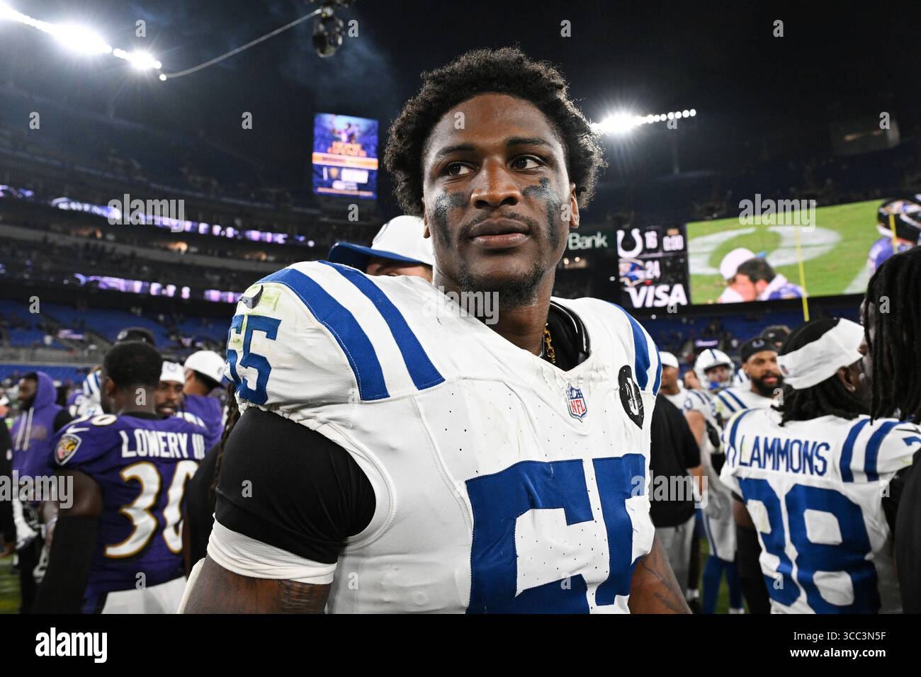 Indianapolis Colts defensive end Isaiah Land (55) looks on after an NFL ...
