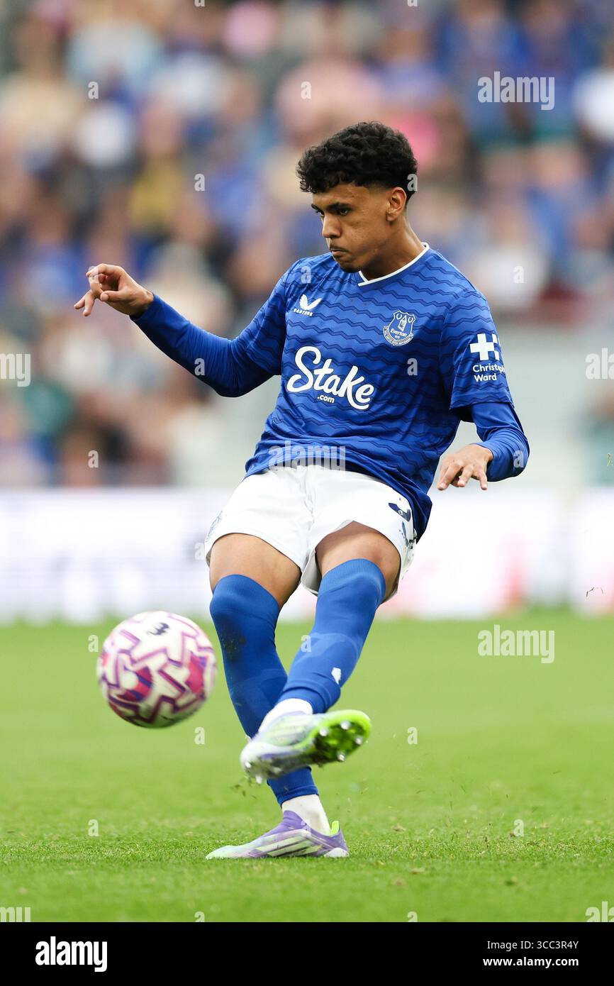 Liverpool, England, 9th August 2025. Adam Aznou of Everton passes the ...