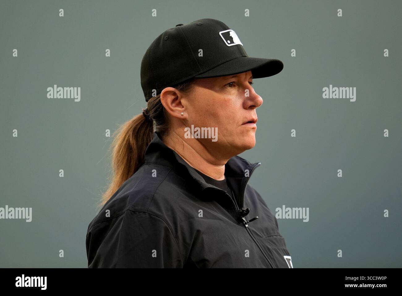 Umpire Jen Pawol works in the first inning in the second baseball game ...