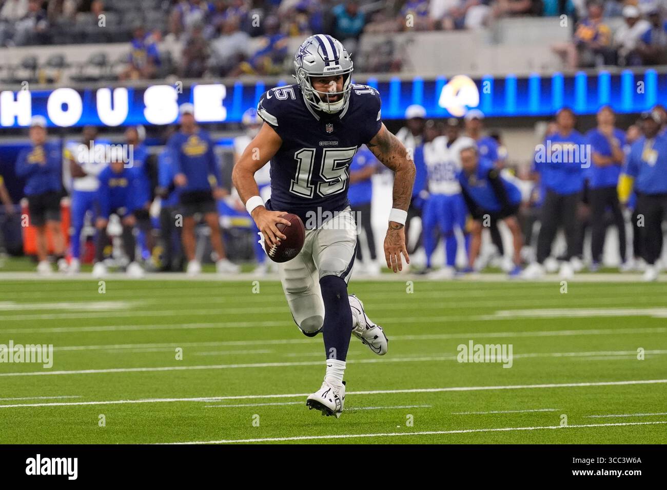 Dallas Cowboys quarterback Will Grier (15) runs for a touchdown against ...