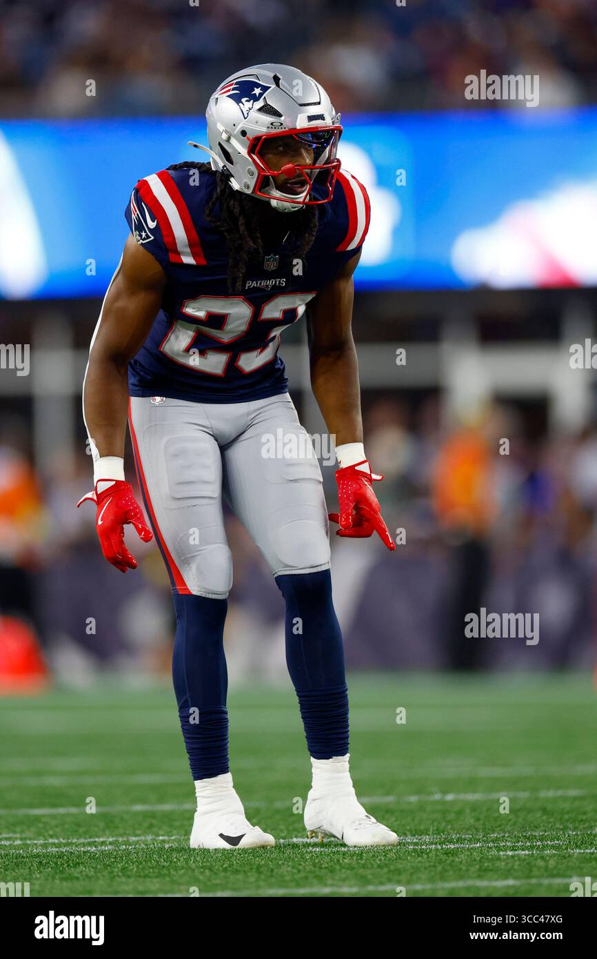 New England Patriots safety Kyle Dugger (23) drops into coverage during ...