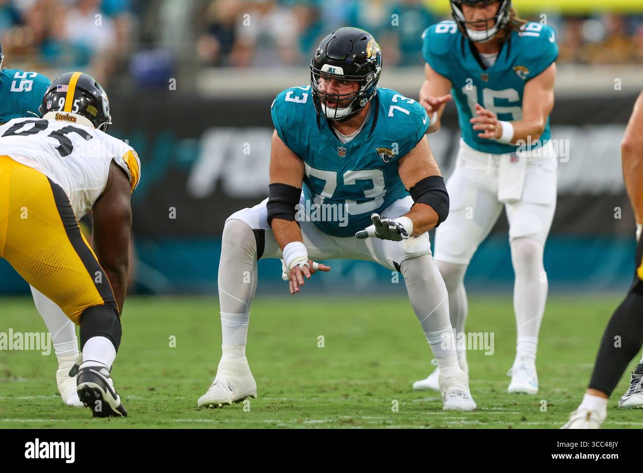 Jacksonville Jaguars center Robert Hainsey (73) snaps the ball during ...