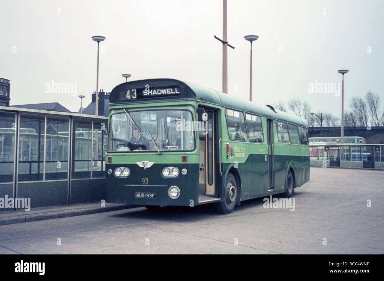 Leeds, UK - 1970: Vintage image of a AEC Swift MP2R222 bus pulling up ...