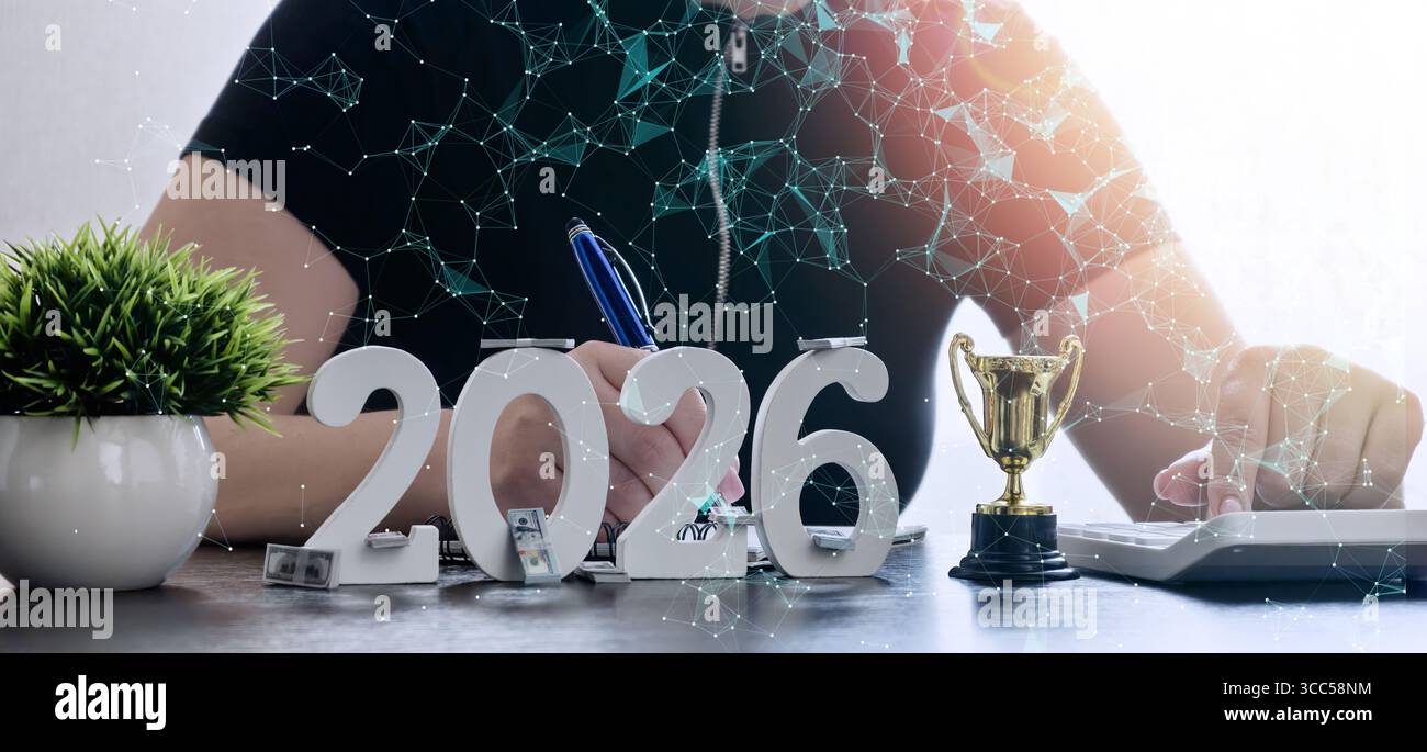A futuristic scene with 2026 numbers, cash, and a trophy symbolizing ...