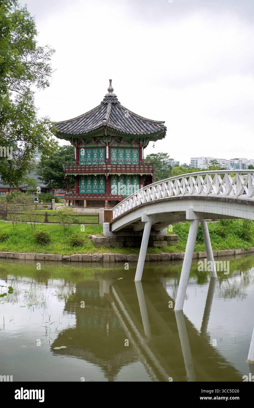 Hyangwonjeong Pavilion, a two stories hexagonal pavilion located on an ...
