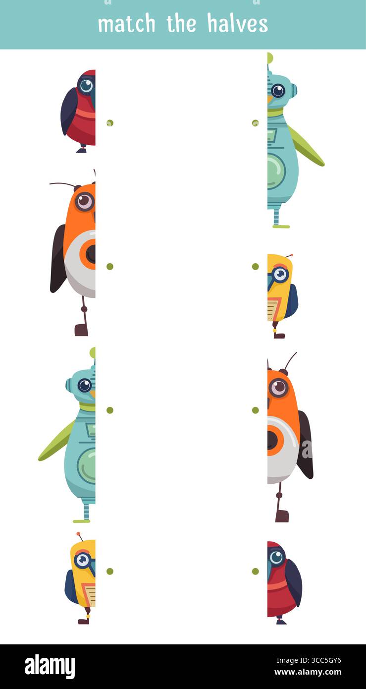 Vector template of childish educational game. Connect the halves of ...