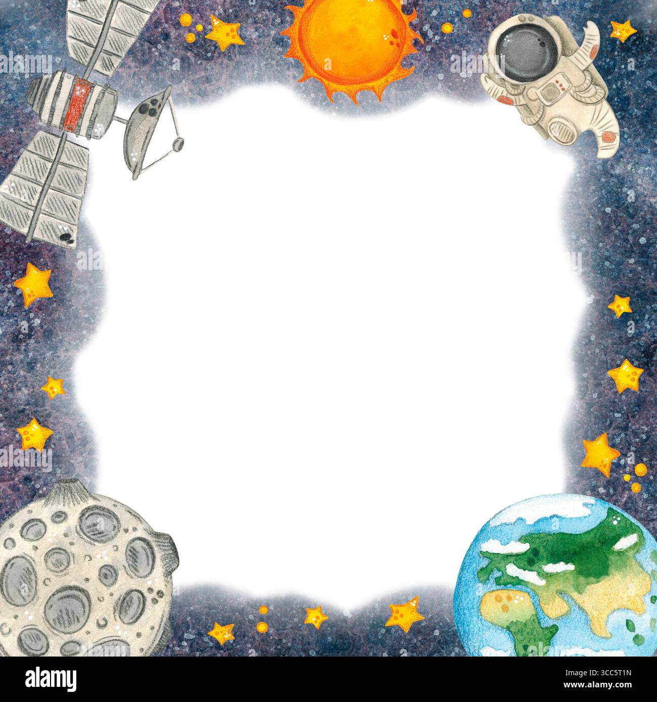 Astronaut, planet Earth, moon, sun and stars fly in outer space, square ...