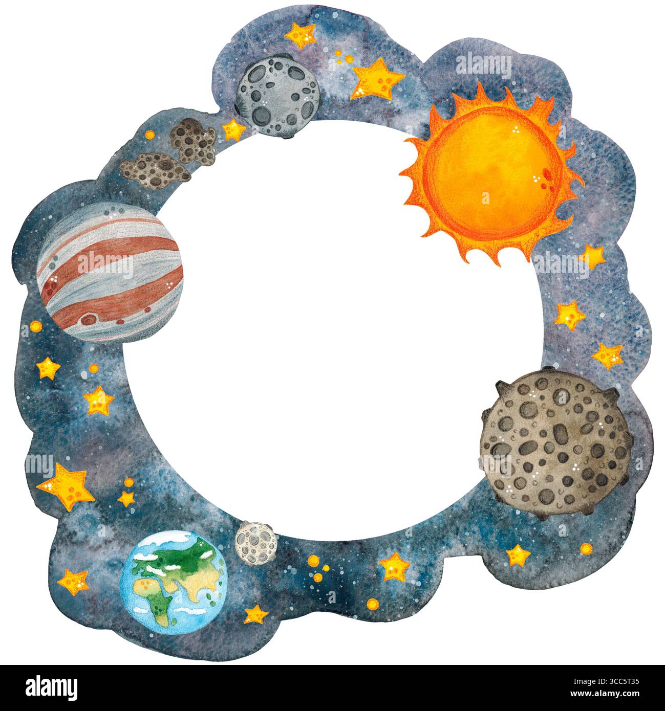 Round frame with planets, sun on a background of stars and outer space ...