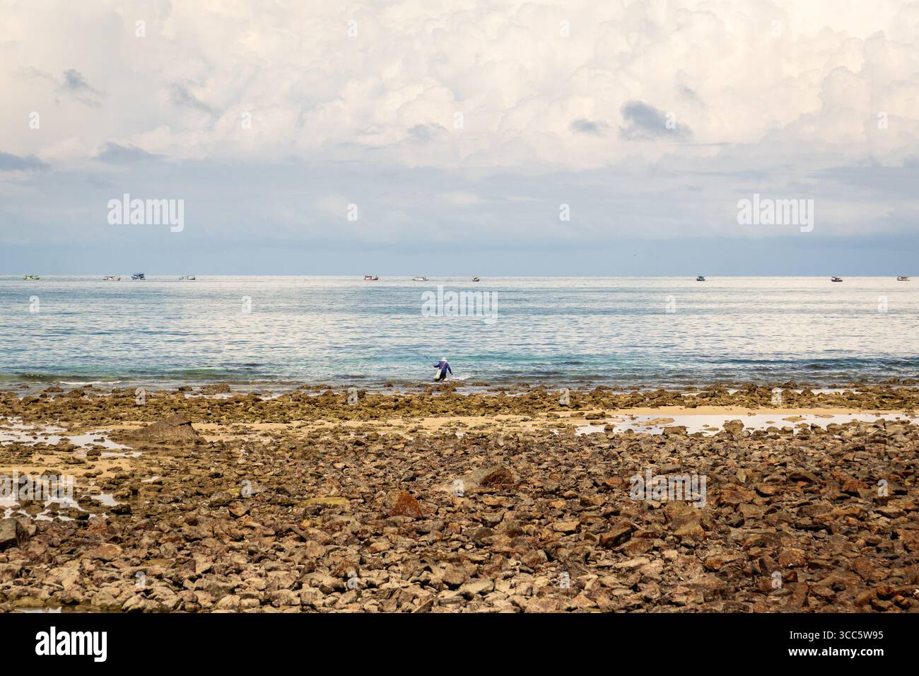 General view of the sea at low tide, with a man holding a net at the ...