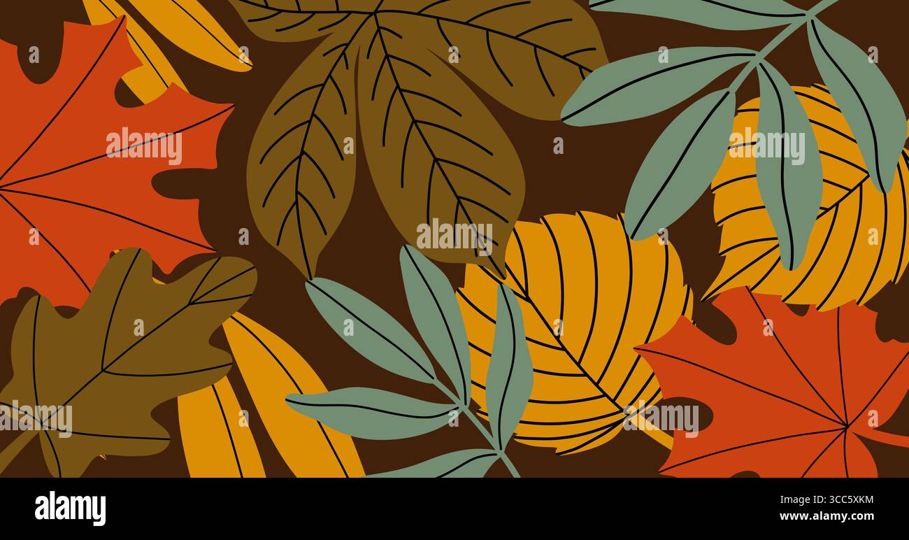 Vector horizontal backdrop featuring hand drawn autumn leaves arranged ...