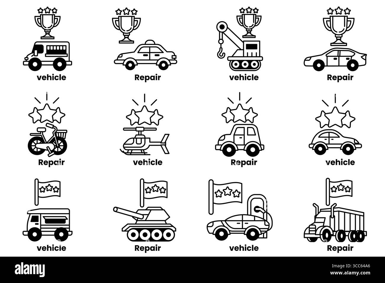 A set of illustrations in the concept of vehicles and awards in a line ...