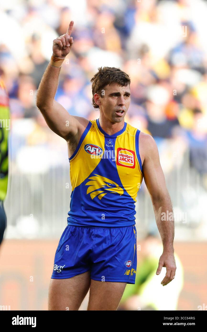 Jamie Cripps of the Eagles celebrates his goal during the AFL Round 22 ...