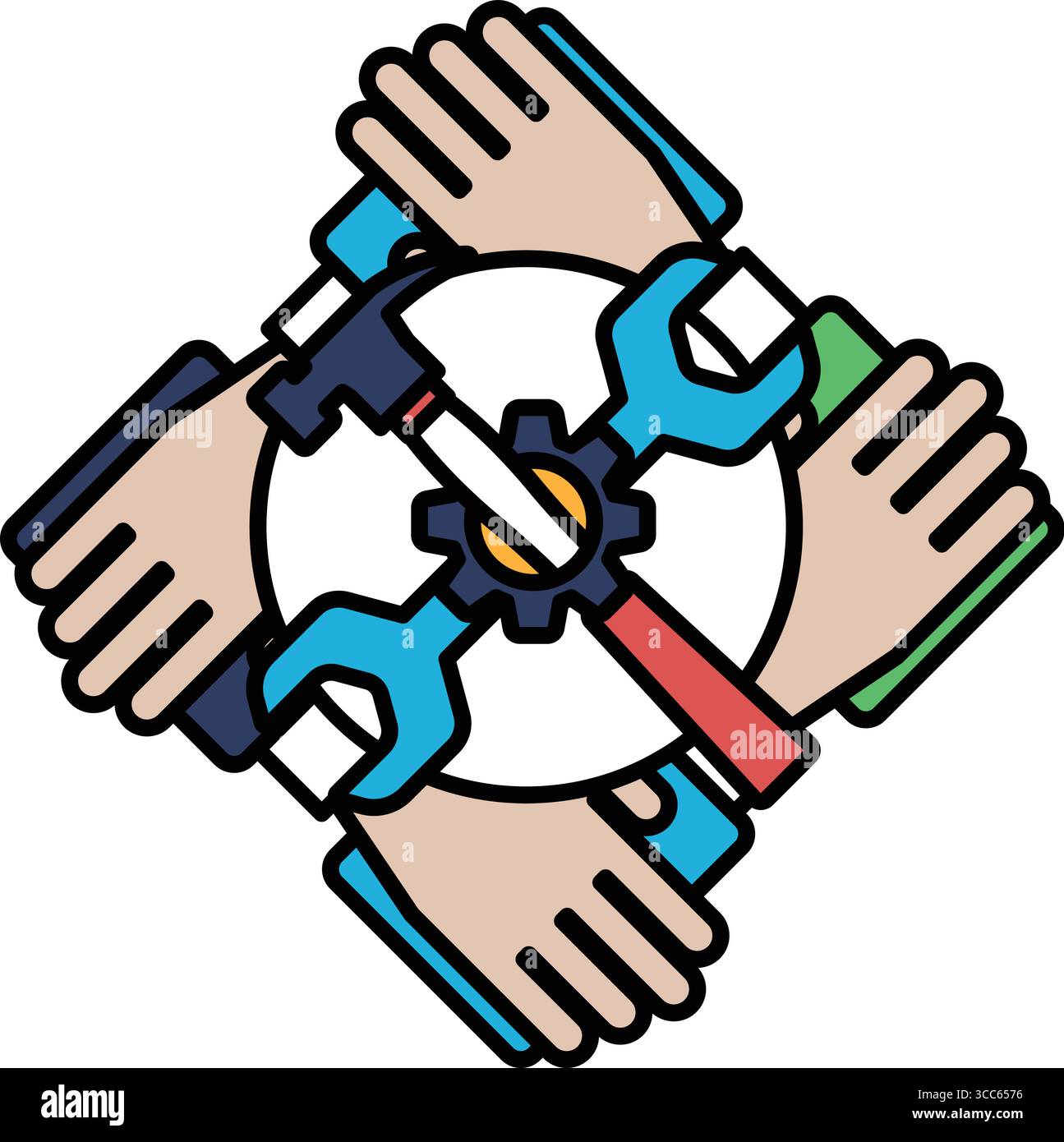 A black and white drawing of four hands holding a gear. The hands are ...