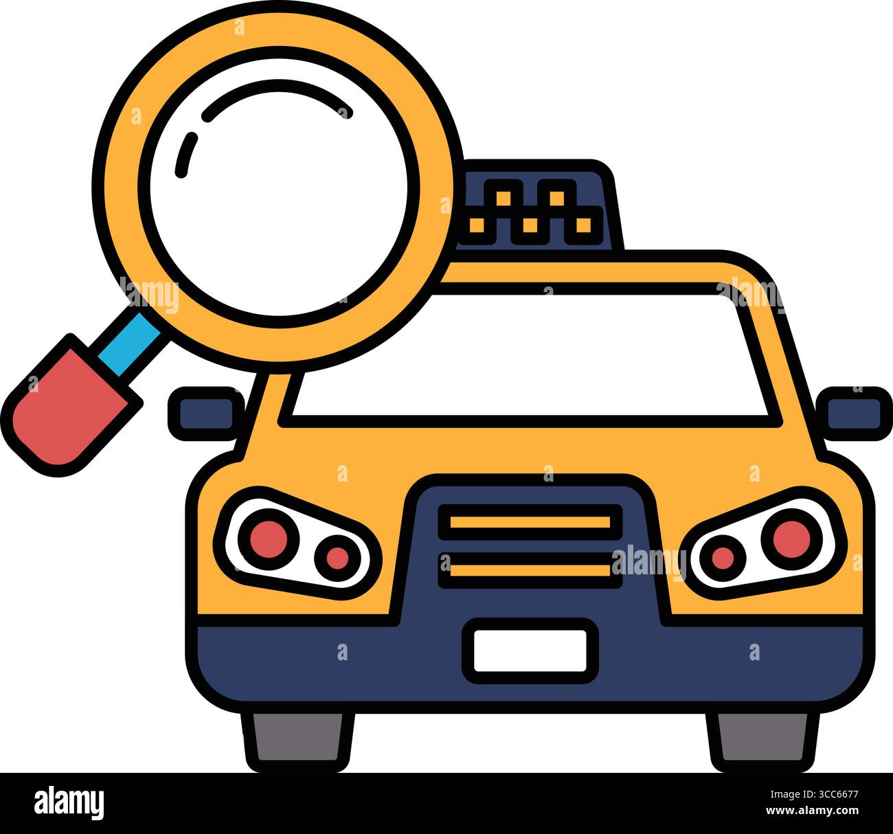 A black and white drawing of a car with a magnifying glass on it. The ...