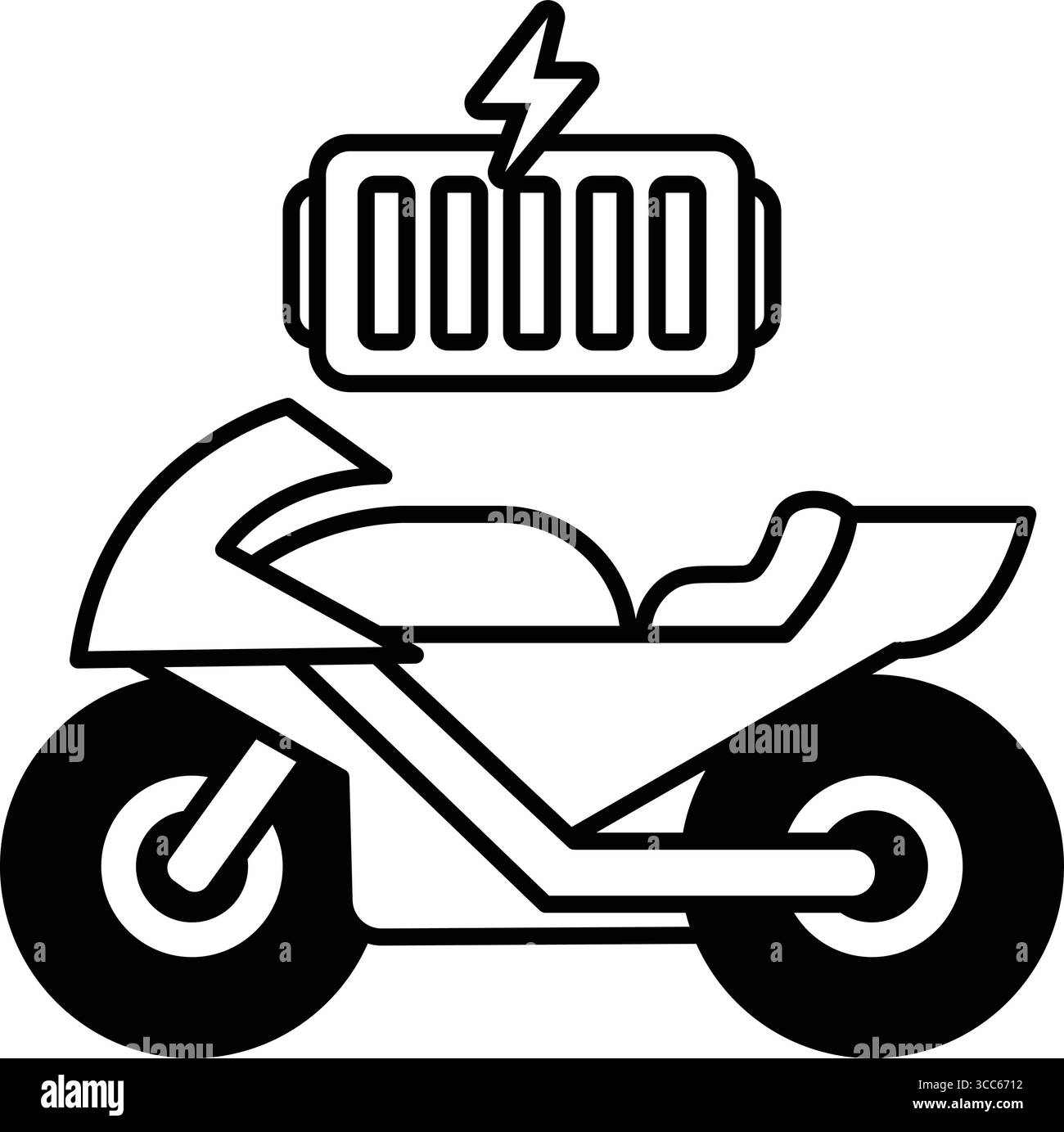 A black and white motorcycle with a battery on the back. The battery is ...
