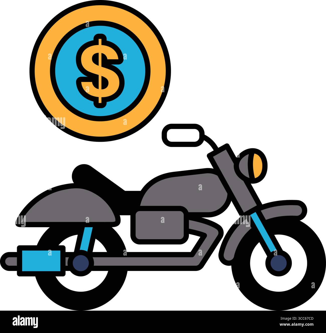 A black and white drawing of a motorcycle with a dollar sign on it. The ...