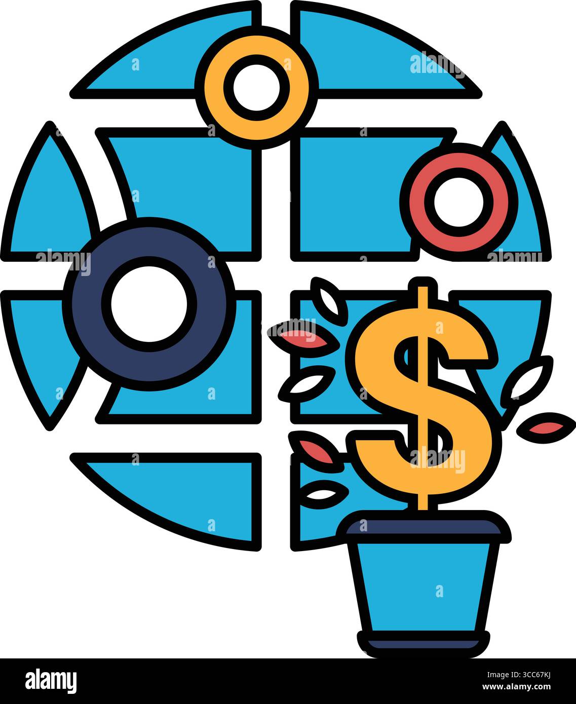 A black and white drawing of a globe with a dollar sign and a plant in ...