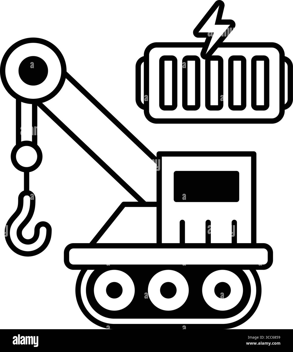 A black and white drawing of a crane lifting a large battery. The crane ...