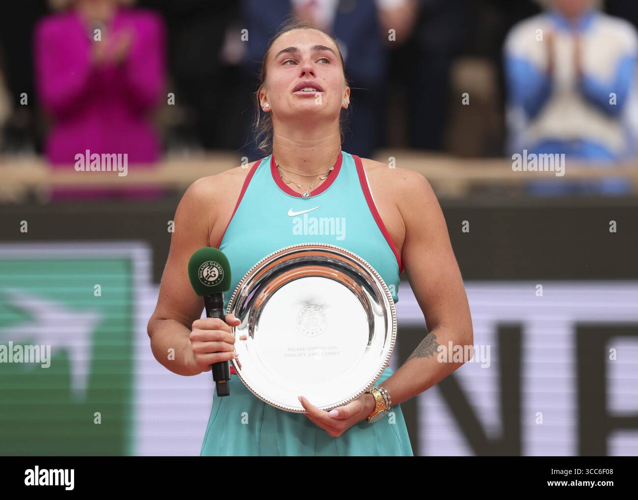 Tennis player Aryna Sabalenka in tears at the French Open 2025 trophy ...