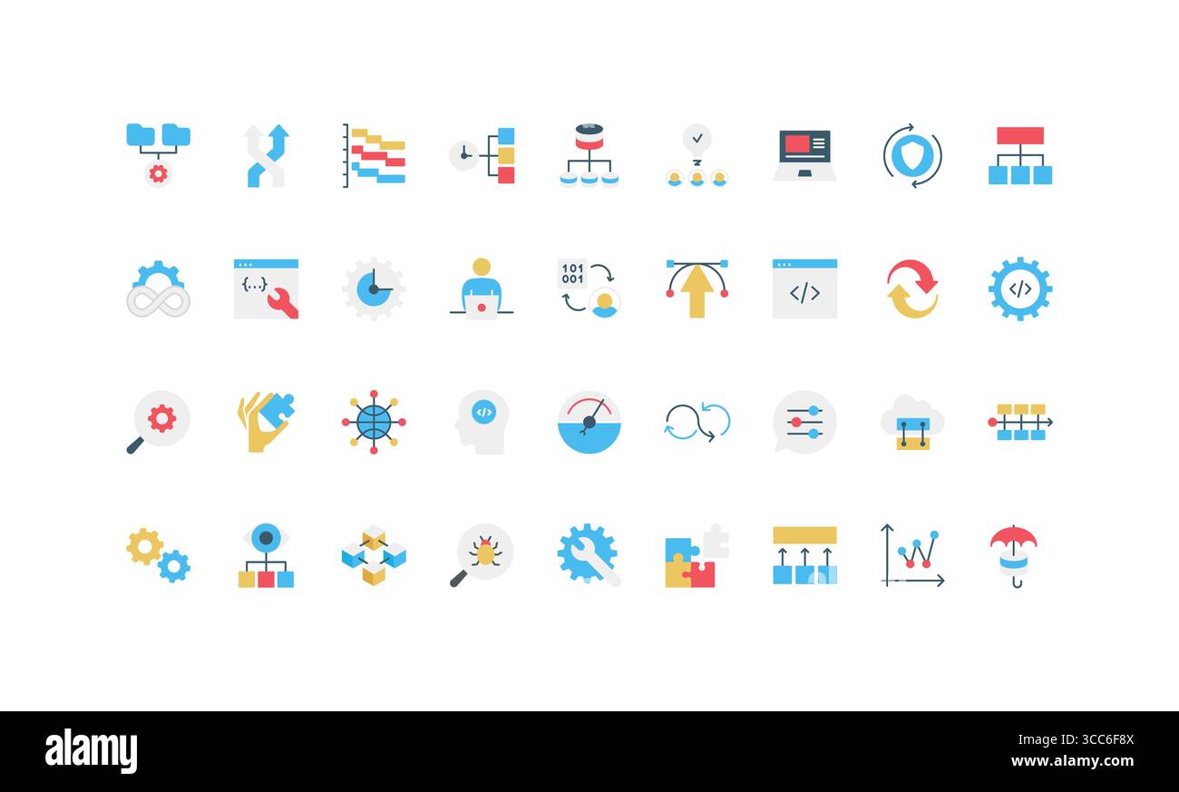 Colorful flat style DevOps icons set showing workflow, automation, coding, cloud, integration ...