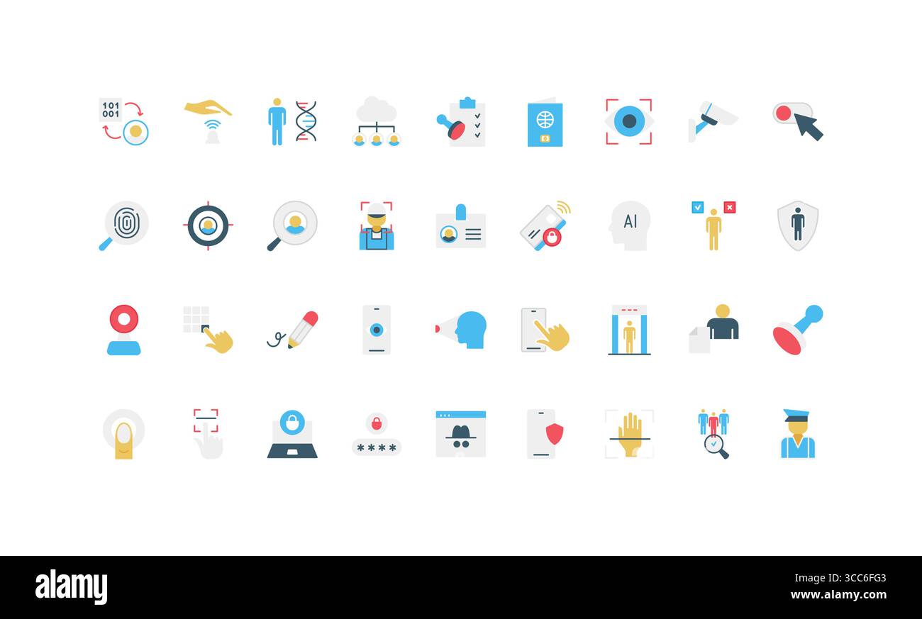 Person identification with legal document and digital signature, identity card color icon set ...