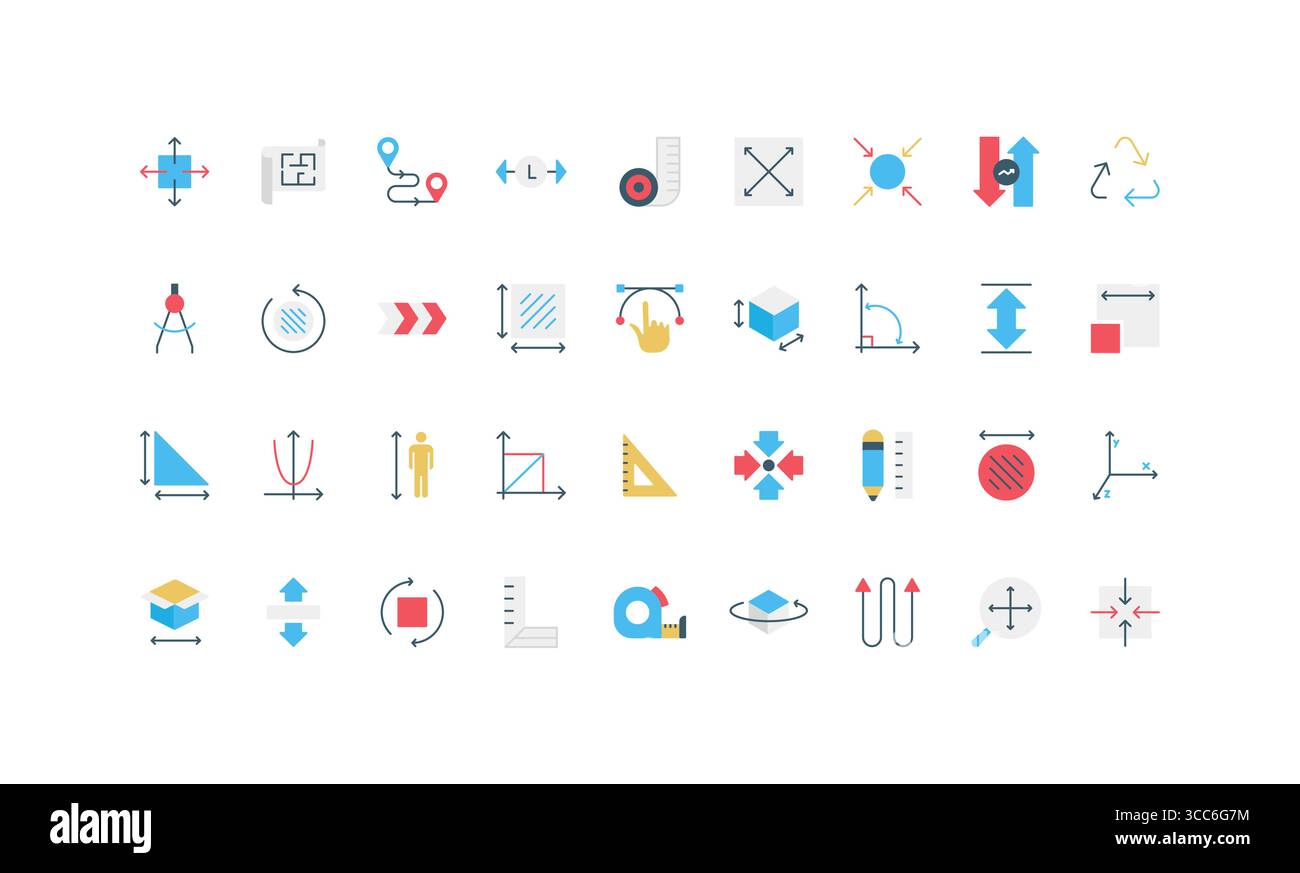 Colorful flat measurement arrows and geometry icons for design ...