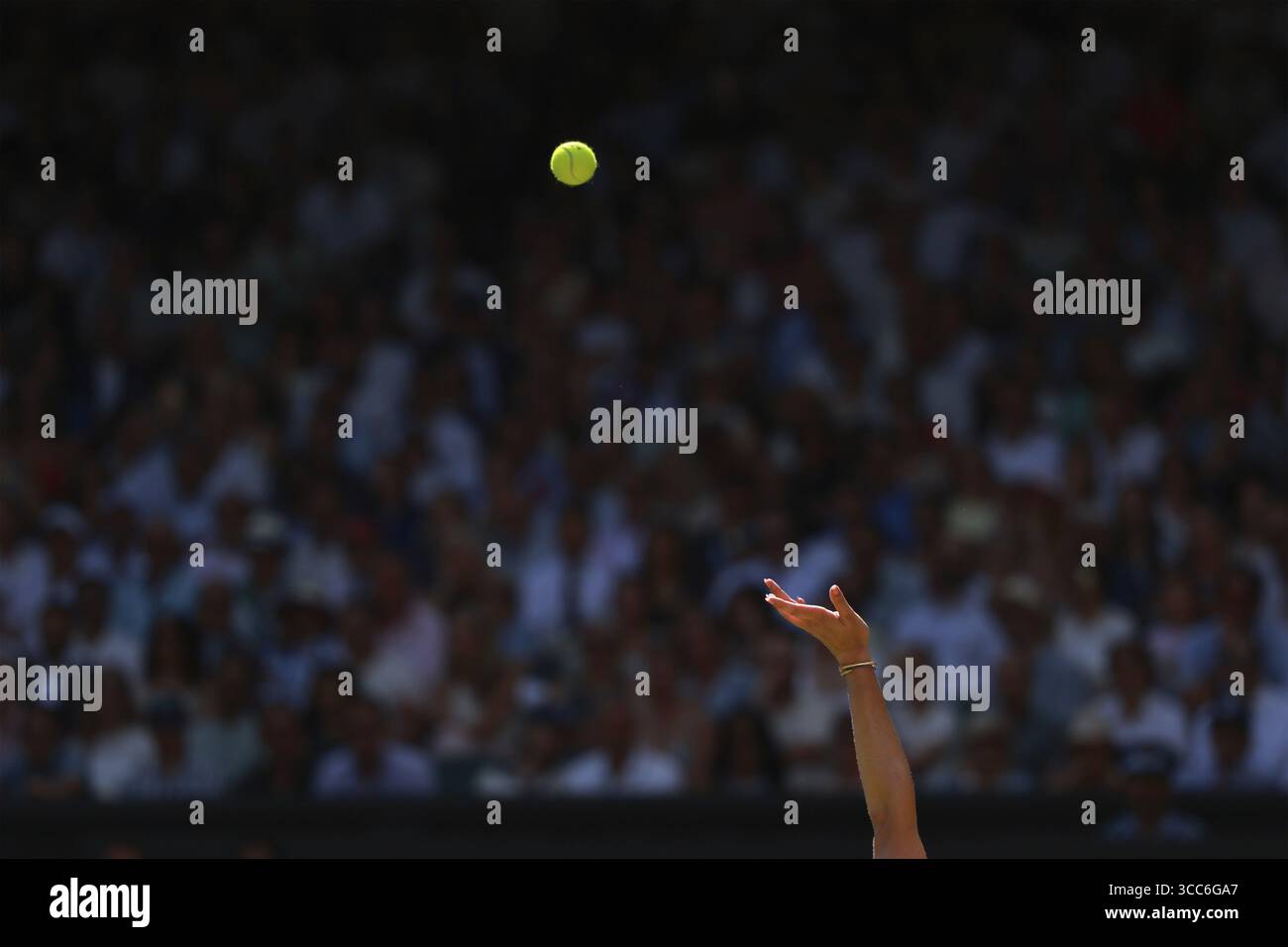 Arm of tennis player Amanda Anisimova (USA) tossing ball in the air, at ...