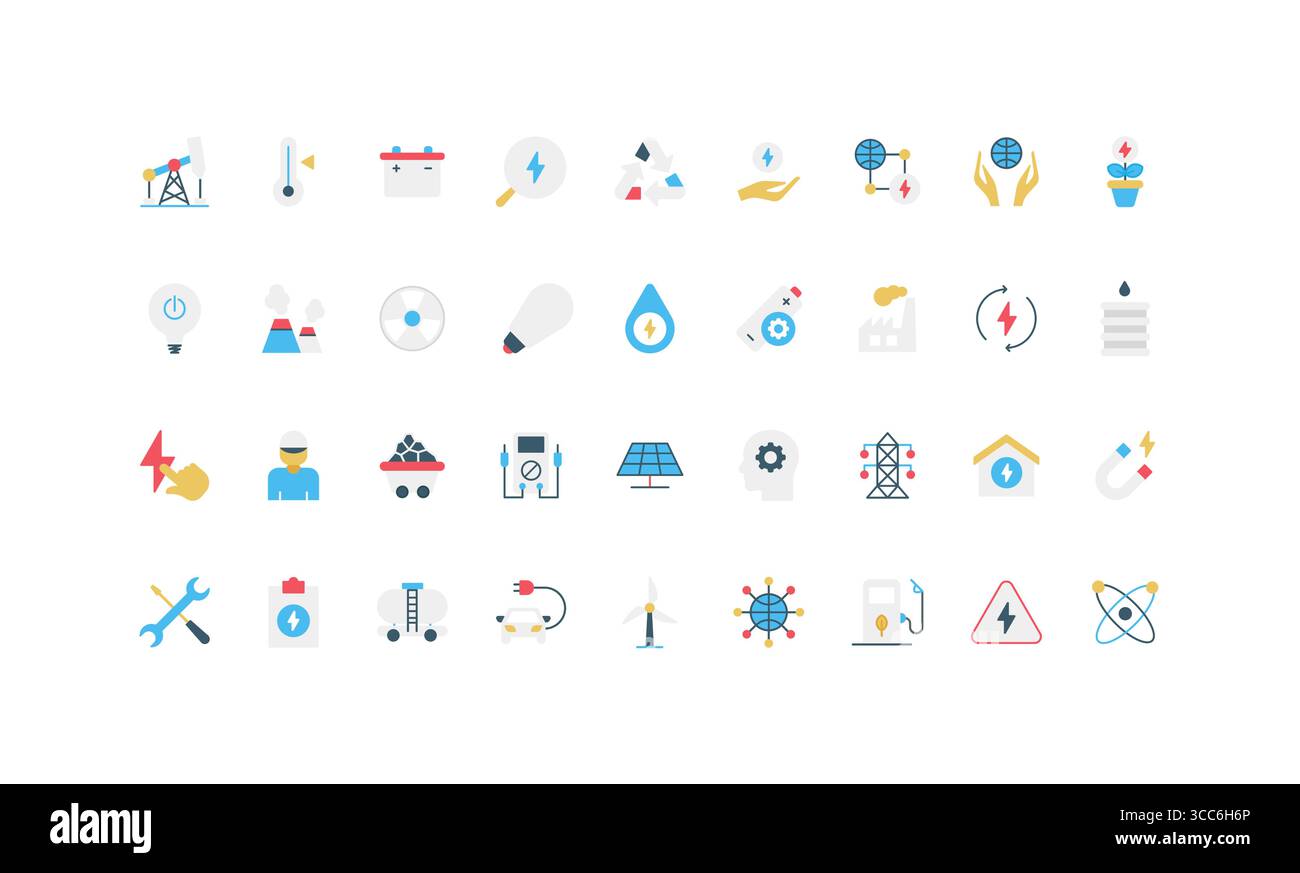 Collection of simple flat icons representing power, energy sources, electricity, renewable ...